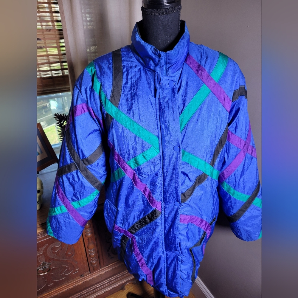 Vintage Colorblock Geometric Puffer Long Jacket - Gem